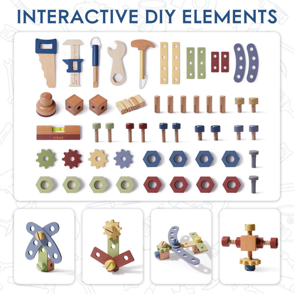 ROBUD Wooden Toy Workbench, Large Children's Wooden Play Tool, Pretend Play Creative Building ...